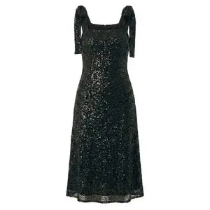 MODENAIRE Embellished Midi Dress Sculpted Neckline - Black