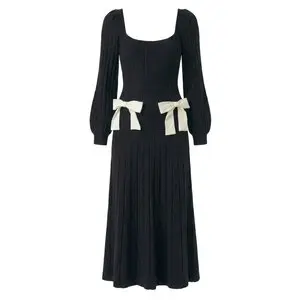 MODENAIRE Sweater Midi Dress Sculpted Bow Detail - Black