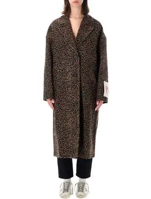 GOLDEN GOOSE Leopard Print Wool Cocoon Coat - Marrone