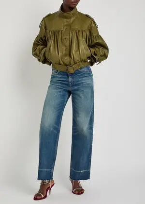 Chloé Cropped Leather Jacket With High Neck And Belted Hem - Khaki