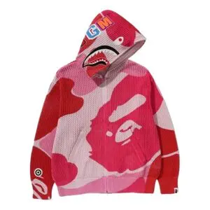A BATHING APE Camo Crochet Shark Relaxed Fit Full Zip Hoodie - Pink