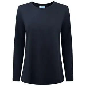 PERLAVERA Tanya Solid Cotton Spandex Long Sleeve Crew Neck T-shirt - Black