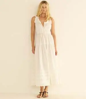 DÔEN Hortense Dress Organic Cotton Maxi Dress With Embroidered Detail - Salt