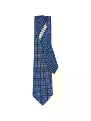 FERRAGAMO Gancini Print Silk Tie - Blue