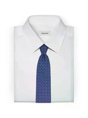 FERRAGAMO Gancini Print Silk Neck Tie - Blue