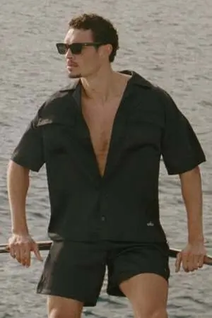 Alo Yoga Satin Horizon Short Sleeve Button Up Top - Black