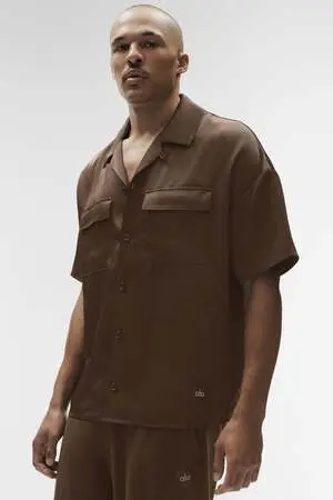 Alo Yoga Satin Horizon Short Sleeve Button Up Top - Espresso