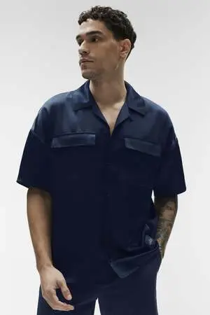 Alo Yoga Satin Horizon Short Sleeve Button Up Top - Navy