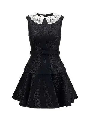 SELF-PORTRAIT Sequin Bouclé Mini Dress With Lace Collar - Black