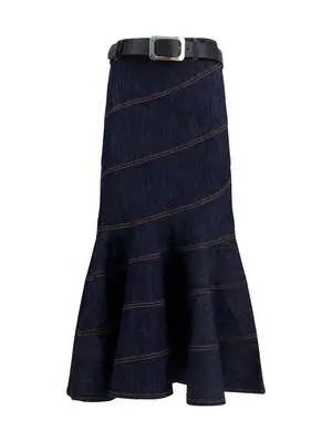 SELF-PORTRAIT Belted Denim Midi Skirt - Blue