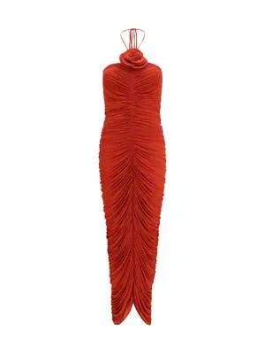 Magda Butrym Halterneck Floral Appliqué Ruched Gown - Red