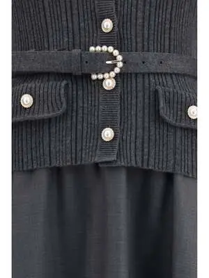 SELF-PORTRAIT Knit And Twill Midi Dress With Pearl Embellished Belt