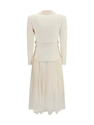 SELF-PORTRAIT Bouclé Midi Dress With Shawl Collar And Lace Trims