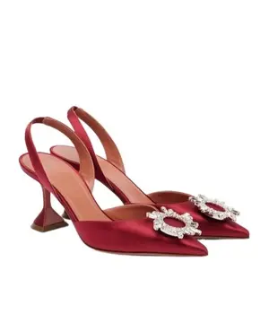 Amina Muaddi Embellished Satin Slingback Pumps - Red