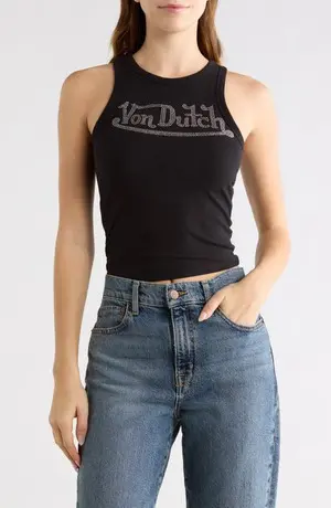 VON DUTCH Rhinestone Embellished Ribbed Scoop Neck Tank - Black