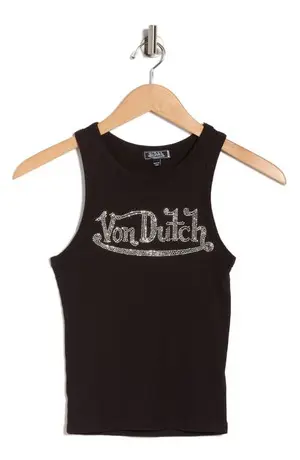 VON DUTCH Rhinestone Embellished Ribbed Scoop Neck Tank - Black