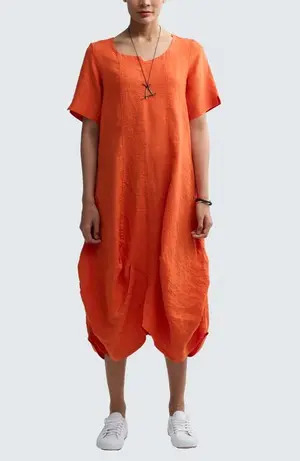 LUUKAA Yalina Solid Linen Balloon Dress Rust Orange