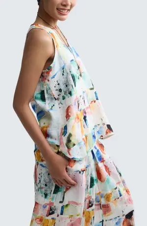 LUUKAA Orielle Painterly Print Linen V-neck Sleeveless A-line Tank