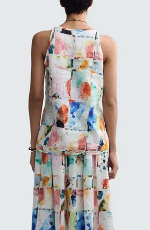 LUUKAA Orielle Painterly Print Linen V-neck Sleeveless A-line Tank