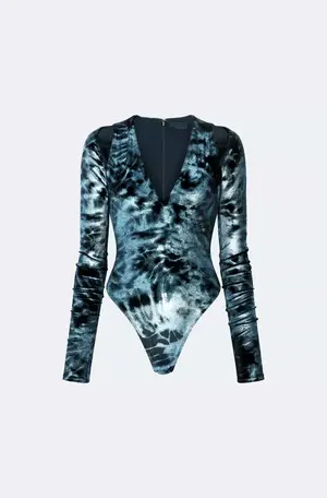 Lapointe Foil Velour V Neck Bodysuit - Midnight