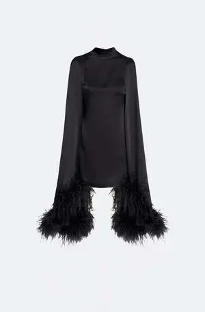 Lapointe Satin Cape Sleeve Mini Dress With Feathers - Black