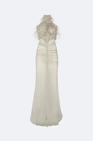 Lapointe Mesh Sleeveless Halter Ruched Gown With Feathers - Silver