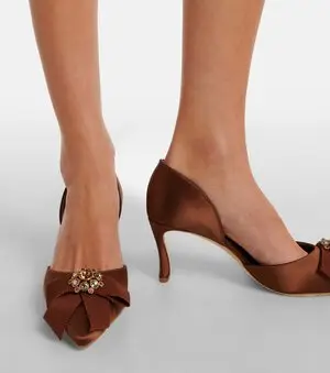 Manolo Blahnik Embellished Satin Pointed Toe Pumps - Brown