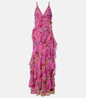 Camilla Floral Ruffled Silk Maxi Dress - Pink