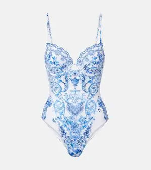 Camilla Embroidered Printed One Piece Swimsuit - Blue