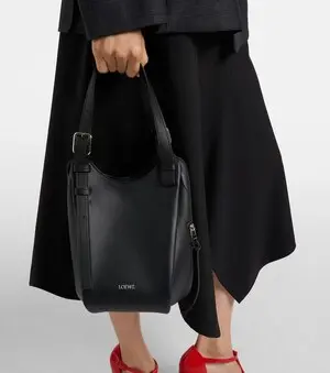 Loewe Hammock Flip Medium Leather Tote Bag - Black