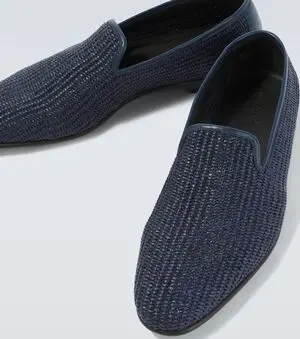 Manolo Blahnik Raffia Loafers With Leather Trim - Blue