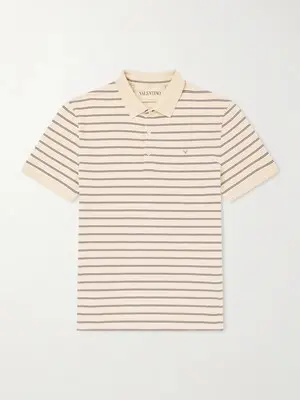 Valentino Garavani Vlogo Striped Cotton-piqué Polo Shirt - Neutrals