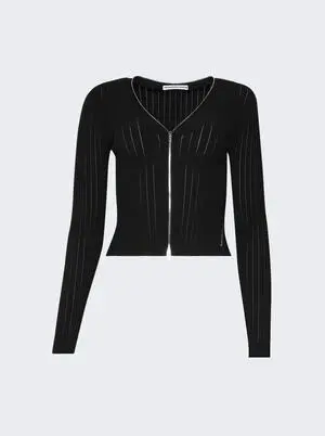 Alexander Wang V-neck Long Sleeve Pointelle Zip Cardigan - Black