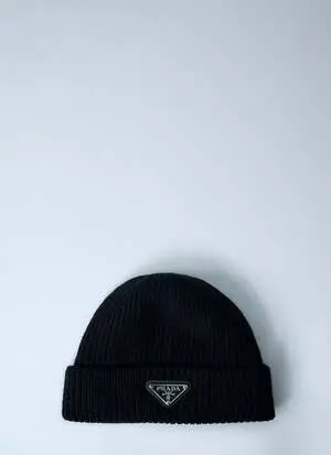 Prada Wool Knit Logo Beanie - Black