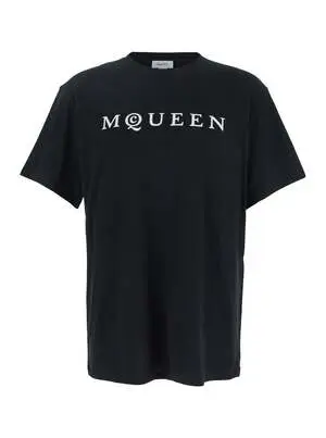 Alexander McQueen Crewneck T-shirt With Logo Print On The Front In Cotton - Black