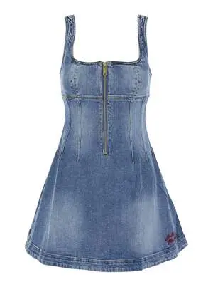 SELF-PORTRAIT Dress With Front Zip Closure And Embroidered Logo In Blue Denim For - Multicolor