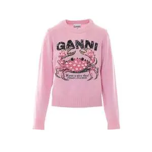 GANNI Logo Wool Sweater With Crab Print - Pink