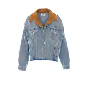 Miu Miu Washed Denim And Suede Logo Denim Jacket - Blue