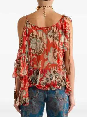 Etro Single-sleeve Silk Top With Floral Motif