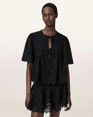 ALLSAINTS Lillith Embroidered Short Sleeve Top Black