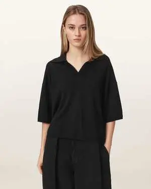 ALLSAINTS Bern Short Sleeve Woven Wool Polo - Black