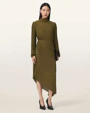 ALLSAINTS Milena Asymmetric Pleated Midi Dress - Green