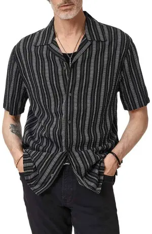 John Varvatos Dan Patterned Stripe Camp Shirt - Black