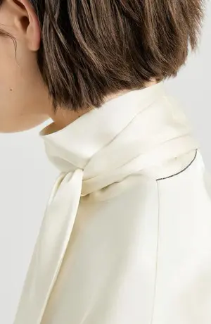 Brunello Cucinelli Silk Satin High-neck T-shirt With Monili - Fog