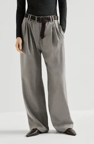 Brunello Cucinelli Sparkling Virgin Wool Pinstripe Track Trousers With Monili - Silver
