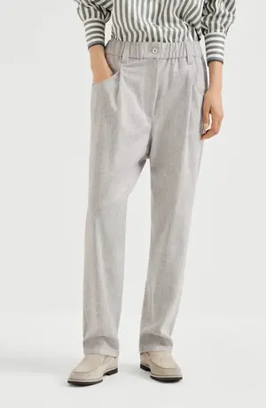 Brunello Cucinelli Wool Flannel Baggy Trousers With Monili Embellishments - Grey