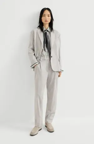 Brunello Cucinelli Wool Flannel Baggy Trousers With Monili Embellishments - Grey