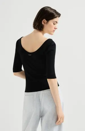 Brunello Cucinelli Ribbed Stretch Cotton T-shirt With Monili - Black