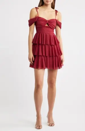 EMERALD SUNDAE Glitter Layered Ruffle Mini Dress - Wine