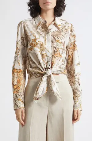 REISS Safari Print Tie Front Cotton Shirt - Neutral
